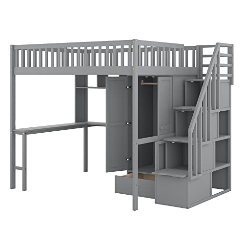 DEINPPA Full Size Loft Bed with Desk and Wardrobe, Wooden Loft Bed Frame with Drawers and Shelves, for Boys Girls Teens Kids, No Box Spring Needed