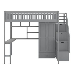 DEINPPA Full Size Loft Bed with Desk and Wardrobe, Wooden Loft Bed Frame with Drawers and Shelves, for Boys Girls Teens Kids, No Box Spring Needed