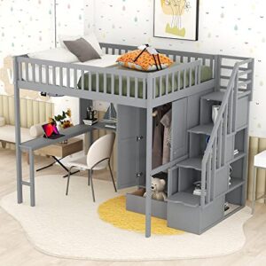 DEINPPA Full Size Loft Bed with Desk and Wardrobe, Wooden Loft Bed Frame with Drawers and Shelves, for Boys Girls Teens Kids, No Box Spring Needed