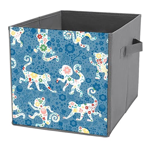 Monkey Garden Flowers Collapsible Storage Bins Cubes Organizer Trendy Fabric Storage Boxes Inserts Cube Drawers 11 Inch