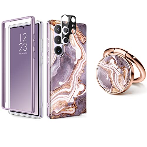 GVIEWIN Marble Bundle - Compatible with Samsung Galaxy S23 Ultra 6.8 Inch [No Built-in Screen Protector] + Phone Ring Holder (Burgundy/Gold) (2 Items Bundle)