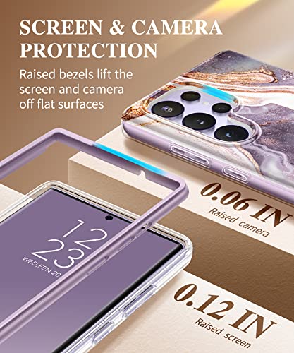 GVIEWIN Marble Bundle - Compatible with Samsung Galaxy S23 Ultra 6.8 Inch [No Built-in Screen Protector] + Phone Ring Holder (Burgundy/Gold) (2 Items Bundle)