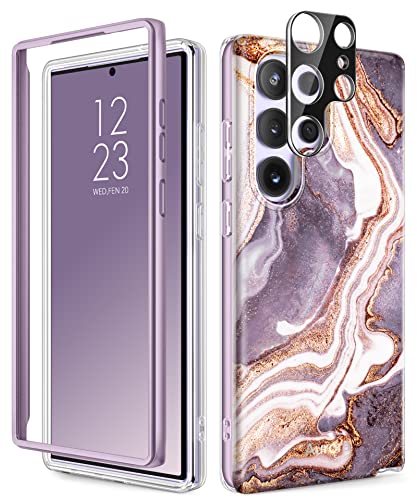 GVIEWIN Marble Bundle - Compatible with Samsung Galaxy S23 Ultra 6.8 Inch [No Built-in Screen Protector] + Phone Ring Holder (Burgundy/Gold) (2 Items Bundle)