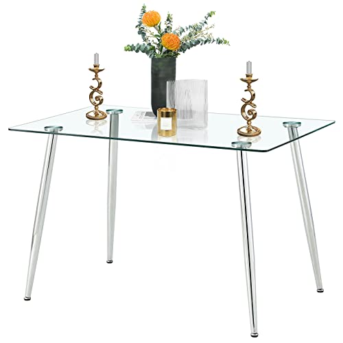 WIIS' IDEA 47" Glass Dining Table for 4-6, Rectangle Clear Table with Explosion-Proof Glass Tabletop and Plating Steel Legs,29" H Glass Tabletop for Kitchen, Dining Room,Office