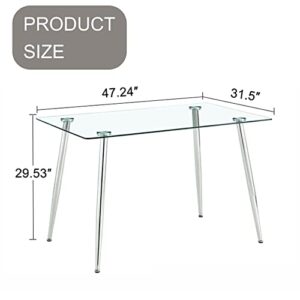 WIIS' IDEA 47" Glass Dining Table for 4-6, Rectangle Clear Table with Explosion-Proof Glass Tabletop and Plating Steel Legs,29" H Glass Tabletop for Kitchen, Dining Room,Office