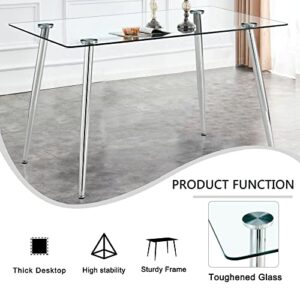 WIIS' IDEA 47" Glass Dining Table for 4-6, Rectangle Clear Table with Explosion-Proof Glass Tabletop and Plating Steel Legs,29" H Glass Tabletop for Kitchen, Dining Room,Office