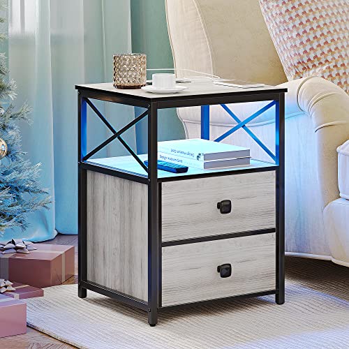 Lvifur LED Nightstand with Charging Station for Bedroom Furniture,3 Color Dimmable Auto Sensor Classical Bedside End Side Table Side Bed Table with 2 Drawers