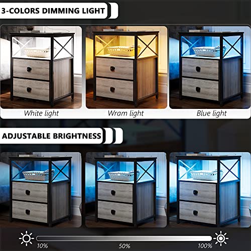 Lvifur LED Nightstand with Charging Station for Bedroom Furniture,3 Color Dimmable Auto Sensor Classical Bedside End Side Table Side Bed Table with 2 Drawers