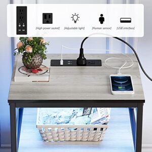 Lvifur LED Nightstand with Charging Station for Bedroom Furniture,3 Color Dimmable Auto Sensor Classical Bedside End Side Table Side Bed Table with 2 Drawers