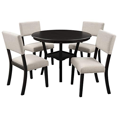 HYC 5 Piece Dining Set for 4, Upholstered Kitchen Furniture with Round-Table and 4-Padded Chairs, Espresso