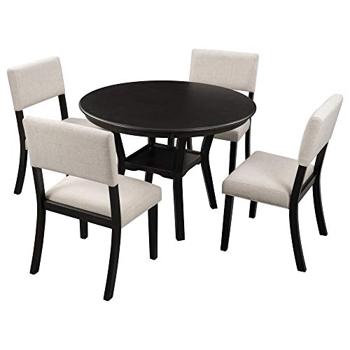 HYC 5 Piece Dining Set for 4, Upholstered Kitchen Furniture with Round-Table and 4-Padded Chairs, Espresso