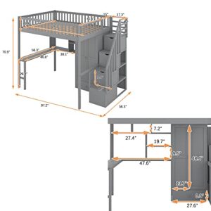 Harper & Bright Designs Full Size Loft Bed with Desk, Wood Loft Bed Frame with Wardrobe, Bookshelf and Drawers, Gray