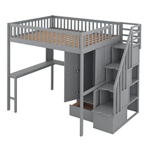 Harper & Bright Designs Full Size Loft Bed with Desk, Wood Loft Bed Frame with Wardrobe, Bookshelf and Drawers, Gray