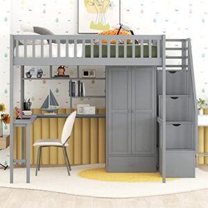 Harper & Bright Designs Full Size Loft Bed with Desk, Wood Loft Bed Frame with Wardrobe, Bookshelf and Drawers, Gray