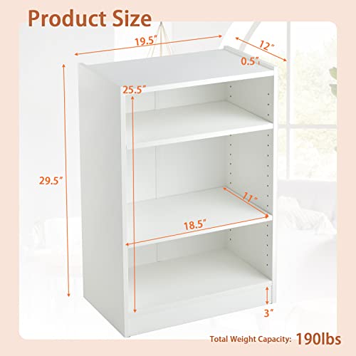 Tangkula 3 Tier Bookcase, Floor Standing Open Bookshelf with 18-Position Adjustable Shelves, Anti-toppling Device, Modern Multipurpose Display Storage Organizer for Living Room Study (White)