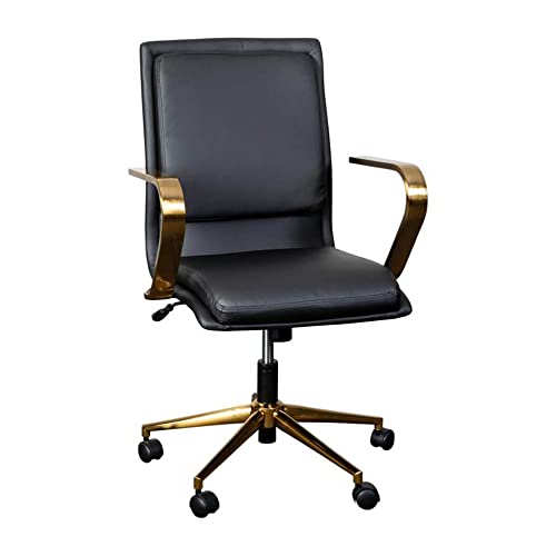 Flash Furniture James Mid-Back Designer Executive Office Chair - Black LeatherSoft Upholstery - Brushed Gold Base and Arms - Height Adjustable 360° Swivel Seat