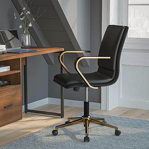 Flash Furniture James Mid-Back Designer Executive Office Chair - Black LeatherSoft Upholstery - Brushed Gold Base and Arms - Height Adjustable 360° Swivel Seat