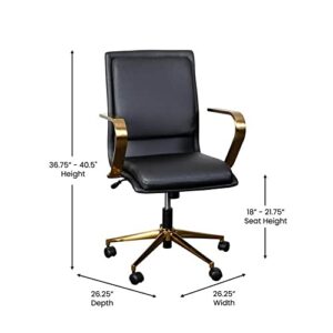 Flash Furniture James Mid-Back Designer Executive Office Chair - Black LeatherSoft Upholstery - Brushed Gold Base and Arms - Height Adjustable 360° Swivel Seat