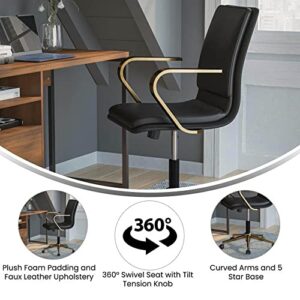 Flash Furniture James Mid-Back Designer Executive Office Chair - Black LeatherSoft Upholstery - Brushed Gold Base and Arms - Height Adjustable 360° Swivel Seat