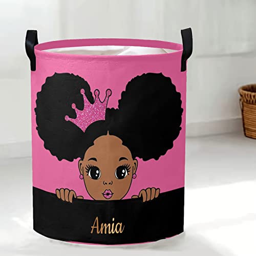 Personalized Custom Cute Girl Black Pink Laundry Basket Collapsible Large Sized Clothes Hamper with Knitting Handles for Baby Girls Boys Kids Nursery Clothes Things