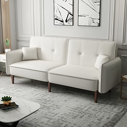 DAMAIFROM 75'' Modern Fabric Futon Sofa Bed Convertible Sleeper Sofa Couch with Tapered Wood Legs and Adjustable Back, with Two Pillows for Living Room & Bedroom(White)