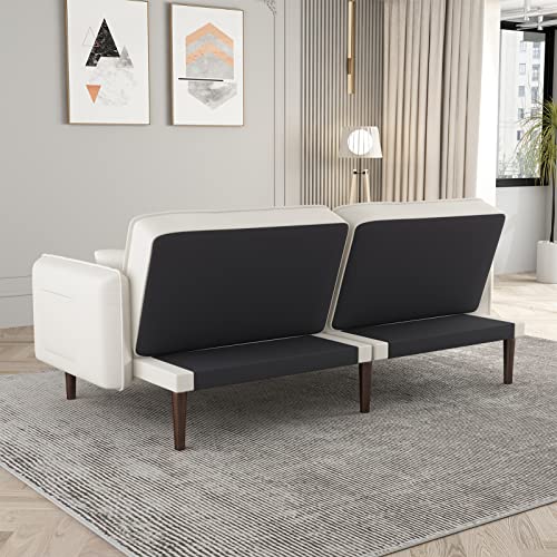 DAMAIFROM 75'' Modern Fabric Futon Sofa Bed Convertible Sleeper Sofa Couch with Tapered Wood Legs and Adjustable Back, with Two Pillows for Living Room & Bedroom(White)