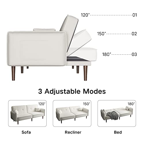 DAMAIFROM 75'' Modern Fabric Futon Sofa Bed Convertible Sleeper Sofa Couch with Tapered Wood Legs and Adjustable Back, with Two Pillows for Living Room & Bedroom(White)