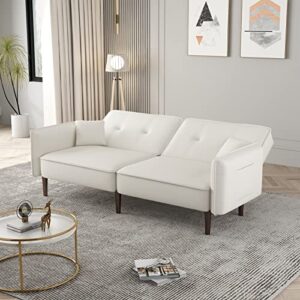 DAMAIFROM 75'' Modern Fabric Futon Sofa Bed Convertible Sleeper Sofa Couch with Tapered Wood Legs and Adjustable Back, with Two Pillows for Living Room & Bedroom(White)