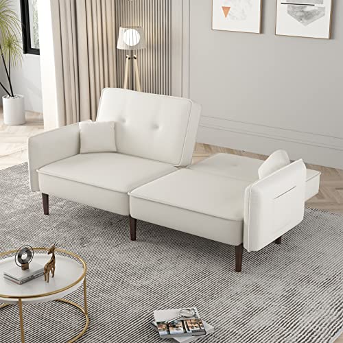 DAMAIFROM 75'' Modern Fabric Futon Sofa Bed Convertible Sleeper Sofa Couch with Tapered Wood Legs and Adjustable Back, with Two Pillows for Living Room & Bedroom(White)