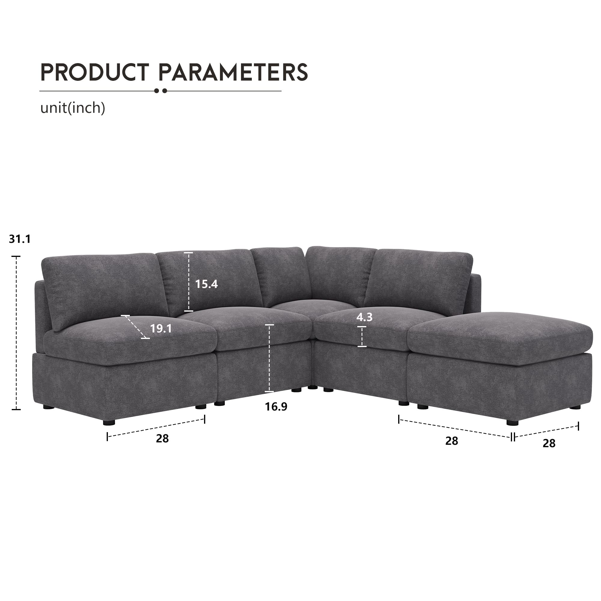 PayLessHere L Shaped Sofa Couch Convertible Sofa 4-Seat Sofa Modular Sectional Sofa Couch for Living Room Bedroom Office,Dark Gray