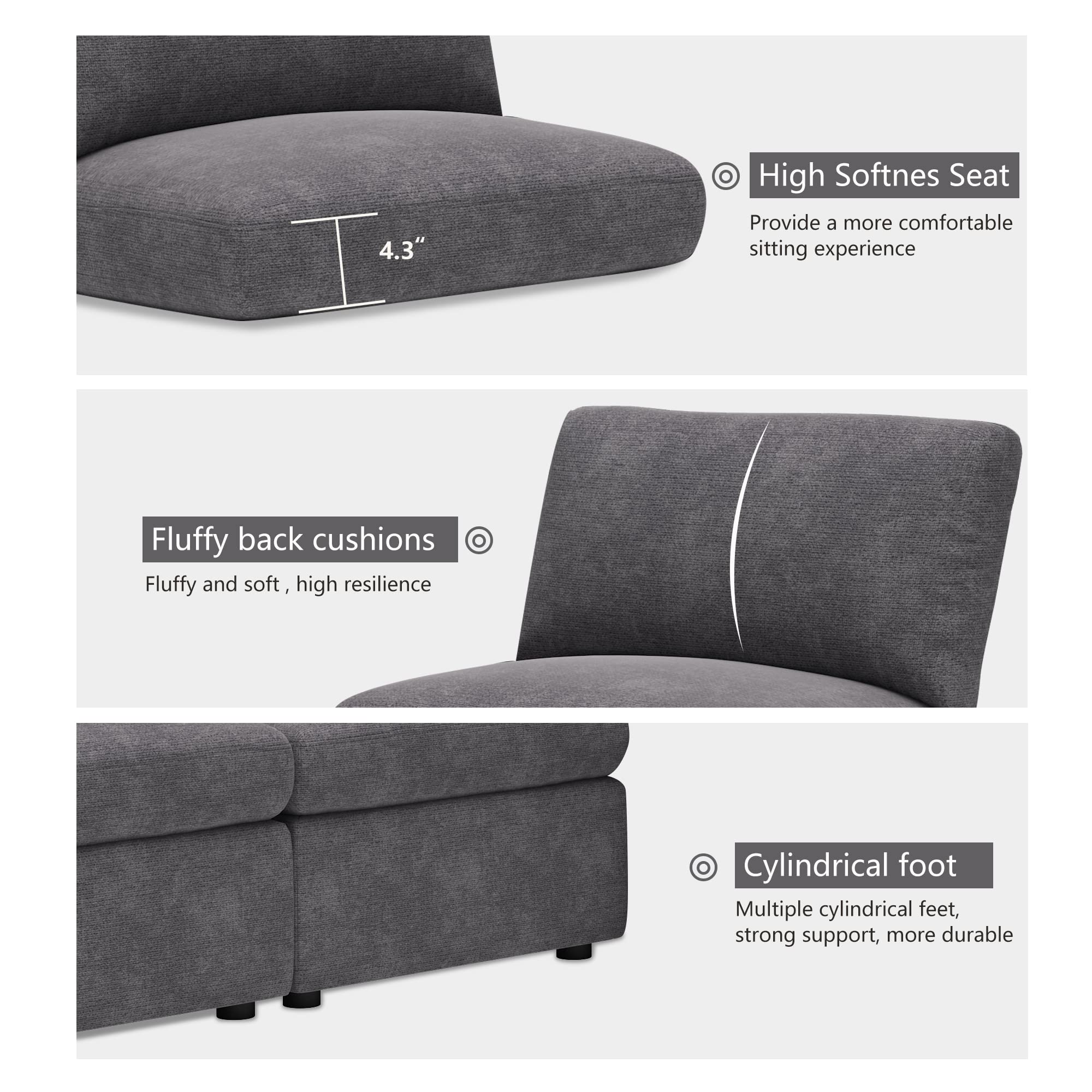 PayLessHere L Shaped Sofa Couch Convertible Sofa 4-Seat Sofa Modular Sectional Sofa Couch for Living Room Bedroom Office,Dark Gray