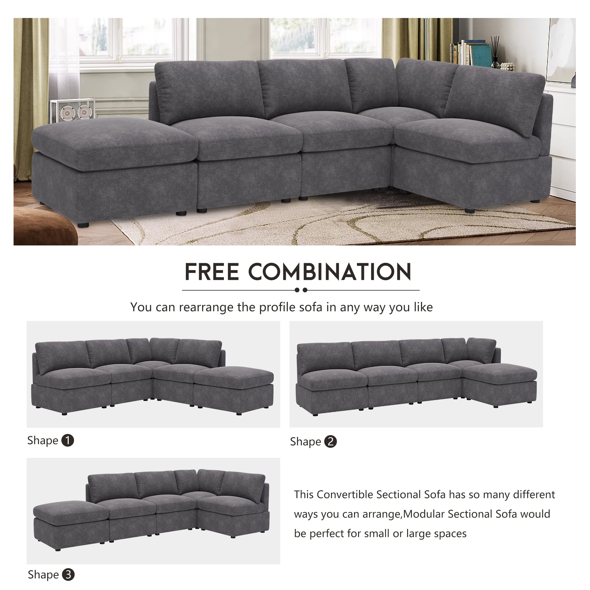 PayLessHere L Shaped Sofa Couch Convertible Sofa 4-Seat Sofa Modular Sectional Sofa Couch for Living Room Bedroom Office,Dark Gray