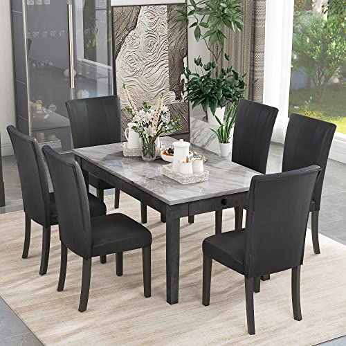 HomSof 7-Piece Dining Table with 2 Drawers, Black+White 1