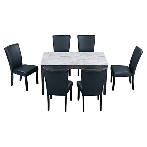 HomSof 7-Piece Dining Table with 2 Drawers, Black+White 1