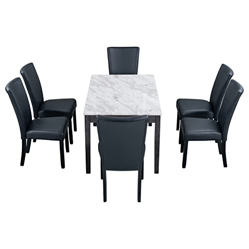 HomSof 7-Piece Dining Table with 2 Drawers, Black+White 1