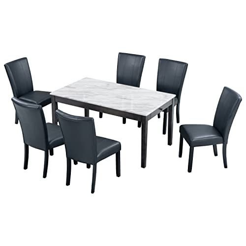 HomSof 7-Piece Dining Table with 2 Drawers, Black+White 1