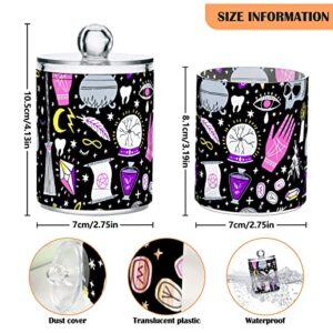 Kigai Cotton Swabs Organizer Magic Witch Halloween Skull Qtip Holder Dispenser with Lid Apothecary Jar Set 2PCS Reusable Clear Plastic Cans for Dry Food