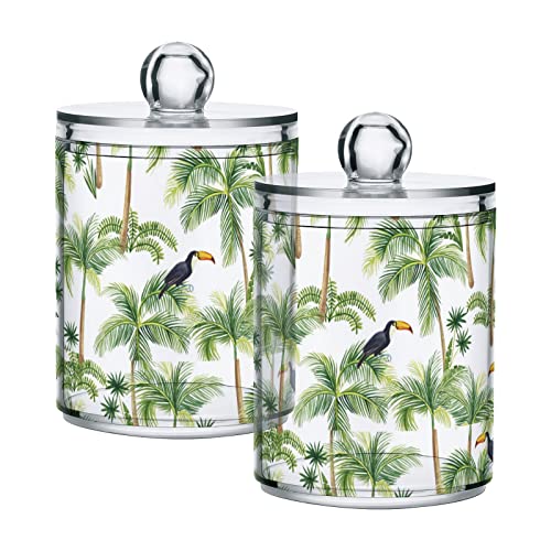 Kigai Cotton Swabs Organizer Tropical Plants Palm Qtip Holder Dispenser with Lid Apothecary Jar Set 2PCS Reusable Clear Plastic Cans for Dry Food