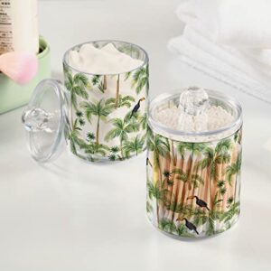 Kigai Cotton Swabs Organizer Tropical Plants Palm Qtip Holder Dispenser with Lid Apothecary Jar Set 2PCS Reusable Clear Plastic Cans for Dry Food