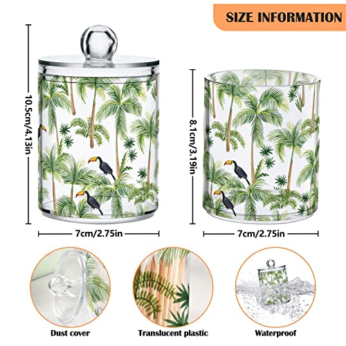 Kigai Cotton Swabs Organizer Tropical Plants Palm Qtip Holder Dispenser with Lid Apothecary Jar Set 2PCS Reusable Clear Plastic Cans for Dry Food