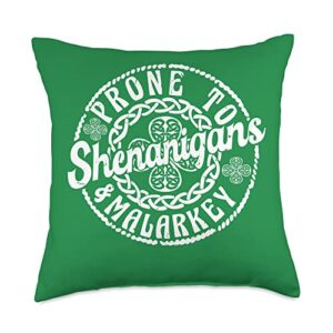 lucky family funny saint paddy's day apparel tee prone to shenanigans and malarkey funny st patricks day boys throw pillow, 18x18, multicolor