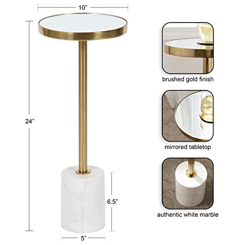 Kate and Laurel Hescott Modern Decorative Round Drink Table with Natural Marble Base and Mirrored Tabletop, 10x10x24, Gold