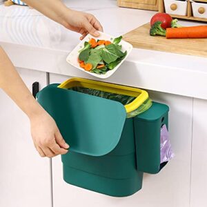 Hanging Trash Can with Lid, Kitchen Trash Can Plastic Wall Mounted Folding Waste Bin Garbage Container for Kitchen, Car, Bathroom, (Green Black)