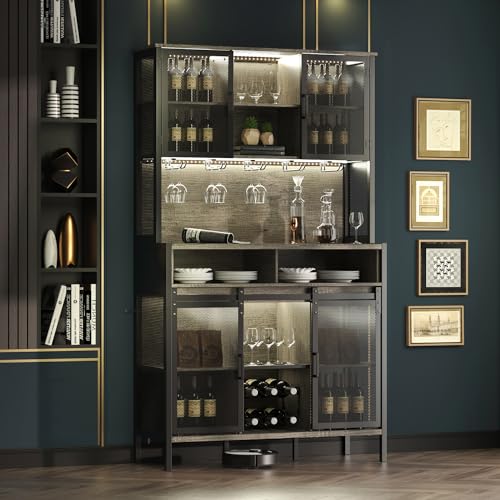 QNICE 71" LED Lights Industrial Kitchen Hutch Cabinet/Dining Room Hutch with Sliding Barn Door/Freestanding Kitchen Pantry Cupboard with Wine Rack/Dark Rustic Oak