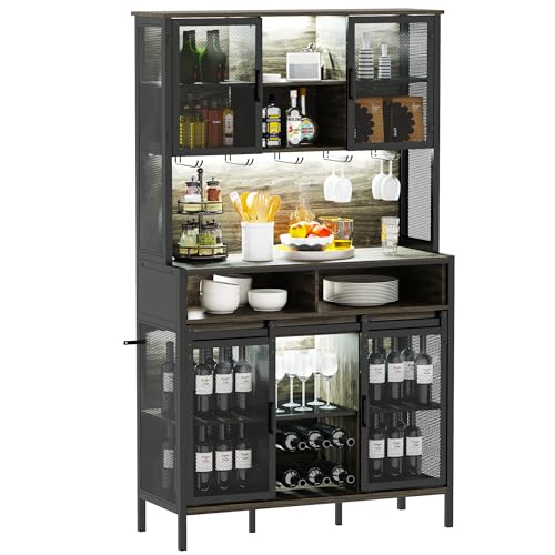 QNICE 71" LED Lights Industrial Kitchen Hutch Cabinet/Dining Room Hutch with Sliding Barn Door/Freestanding Kitchen Pantry Cupboard with Wine Rack/Dark Rustic Oak