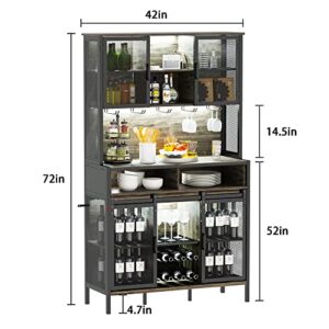 QNICE 71" LED Lights Industrial Kitchen Hutch Cabinet/Dining Room Hutch with Sliding Barn Door/Freestanding Kitchen Pantry Cupboard with Wine Rack/Dark Rustic Oak