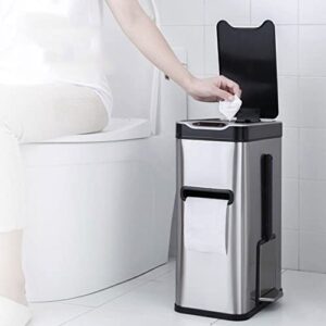 Bathroom Trash Can Intelligent Induction Stainless Steel Trash Can Bathroom Toilet Multi-Function Self-contained Toilet Brush Paper Towel Trash Can Three-in-one Wastebasket (Color : Metallic, Size :