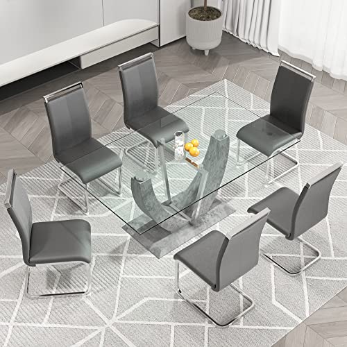 JUFU 67" Glass Dining Room Table Set for 6,Big Modern Rectangular Tempered Glass Dining Table Top Thick 0.39",7 Piece Dining Table with 6 Pcs Leather Dining Chairs