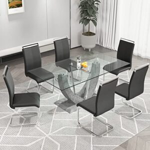 jufu 67" glass dining room table set for 6,big modern rectangular tempered glass dining table top thick 0.39",7 piece dining table with 6 pcs leather dining chairs