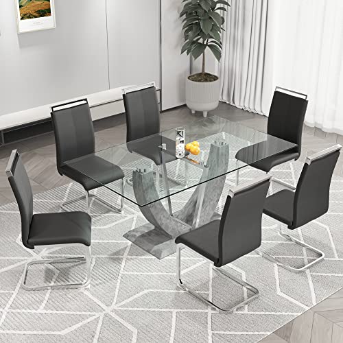 JUFU 67" Glass Dining Room Table Set for 6,Big Modern Rectangular Tempered Glass Dining Table Top Thick 0.39",7 Piece Dining Table with 6 Pcs Leather Dining Chairs